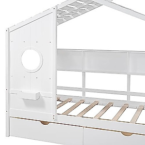 Demofit House Bed with 2 Drawers, Wooden Bed Frame with Storage Shelf and Roof for Bedroom,No Boxspring Required (Twin, White)