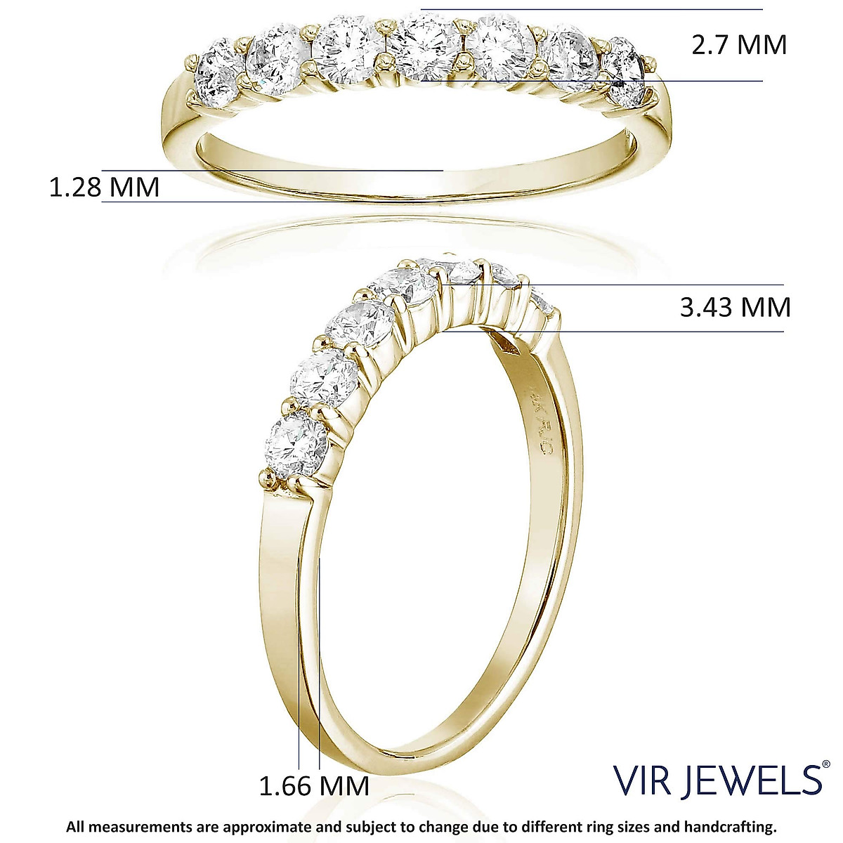 Vir Jewels 3/4 cttw Diamond Wedding Anniversary Band for Women, Round Diamond Engagement Ring 14K Yellow Gold 7 Stones Prong Set, Size 5.5