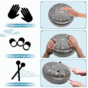 Steel Tongue Drum, 11 Notes 10 Inch Tank drum percussion instrument, C Key Handpan Drum for Kids and Adults, Musical Education Mind Healing Yoga Meditation (silver white Worry Free Drum)