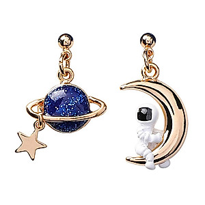 Creative Cartoon Asymmetrical Astronaut Blue Planet Stud Earrings for Women Charm Jewelry Cute Star Moon Earth Spaceman Drop Earrings (Blue)