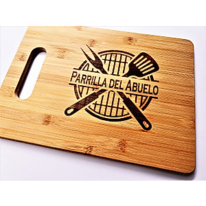 Parrilla del Abuelo Engraved Bamboo Wood 9.5x13 BBQ Cutting Board with Handle for Mexican Spanish Hispanic Grandfather or Father's Day