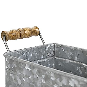 MyGift Galvanized Metal Rectangular Storage Basket with Wooden Handles, Bathroom Toiletries Holder, Organizer Bin with Embossed Bath Label - Handcrafted in India