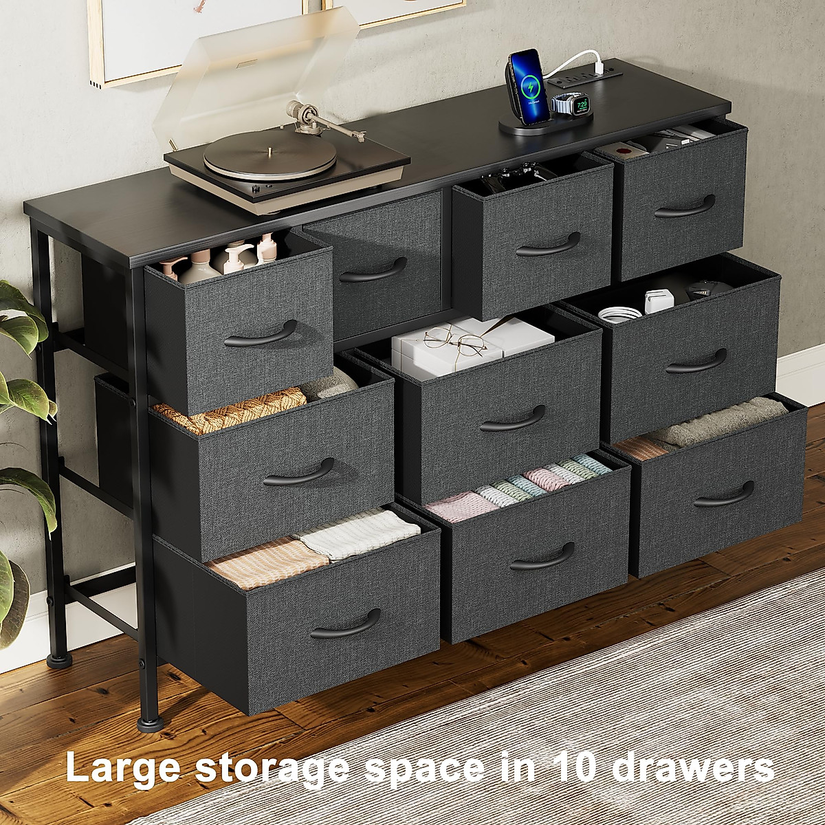 Lulive Grey Dresser for Bedroom 10 Drawer, Bedroom TV Stand with Power Outlet, Entertainment Center Chest of Drawers, Long Fabric Dresser for Living Room Save Space (Grey)