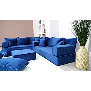 8" Thickness Fabric Royal Blue L Shaped Couch, Moroccan Livingroom Floor Couch, Velvet Sofa Cover, Sofa Bed, Velvet Arabic Seating (L Sofa + Ottoman + Pillows)