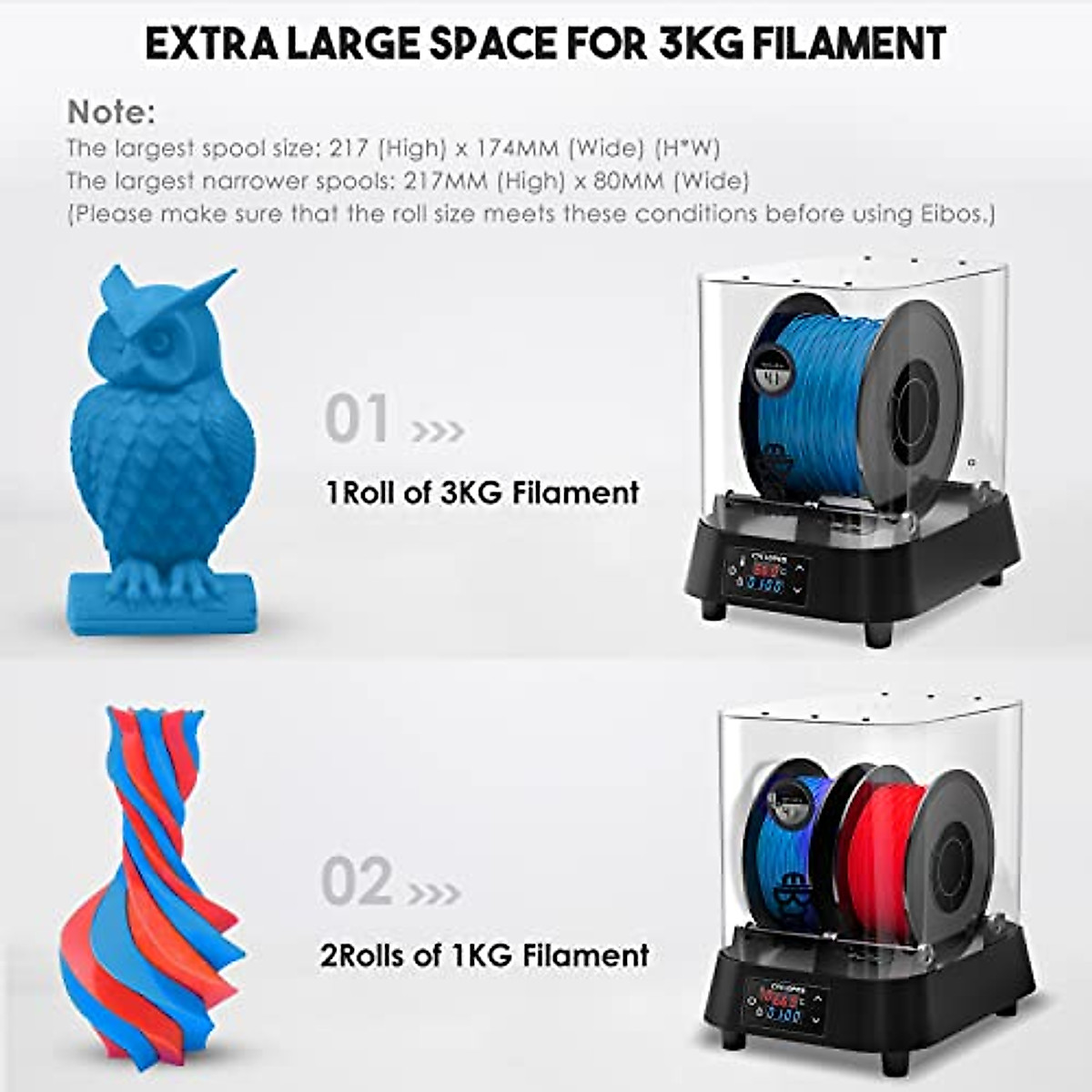 Eibos 3D Printer Filament Dryer Box CYCLOPES, 100W PTC Heater Dehydrator Storage Box with Fans, Temperature Humidity Control, 2 Spools Holder, Compatible with 1.75mm/ 2.85mm/ 3mm Filament