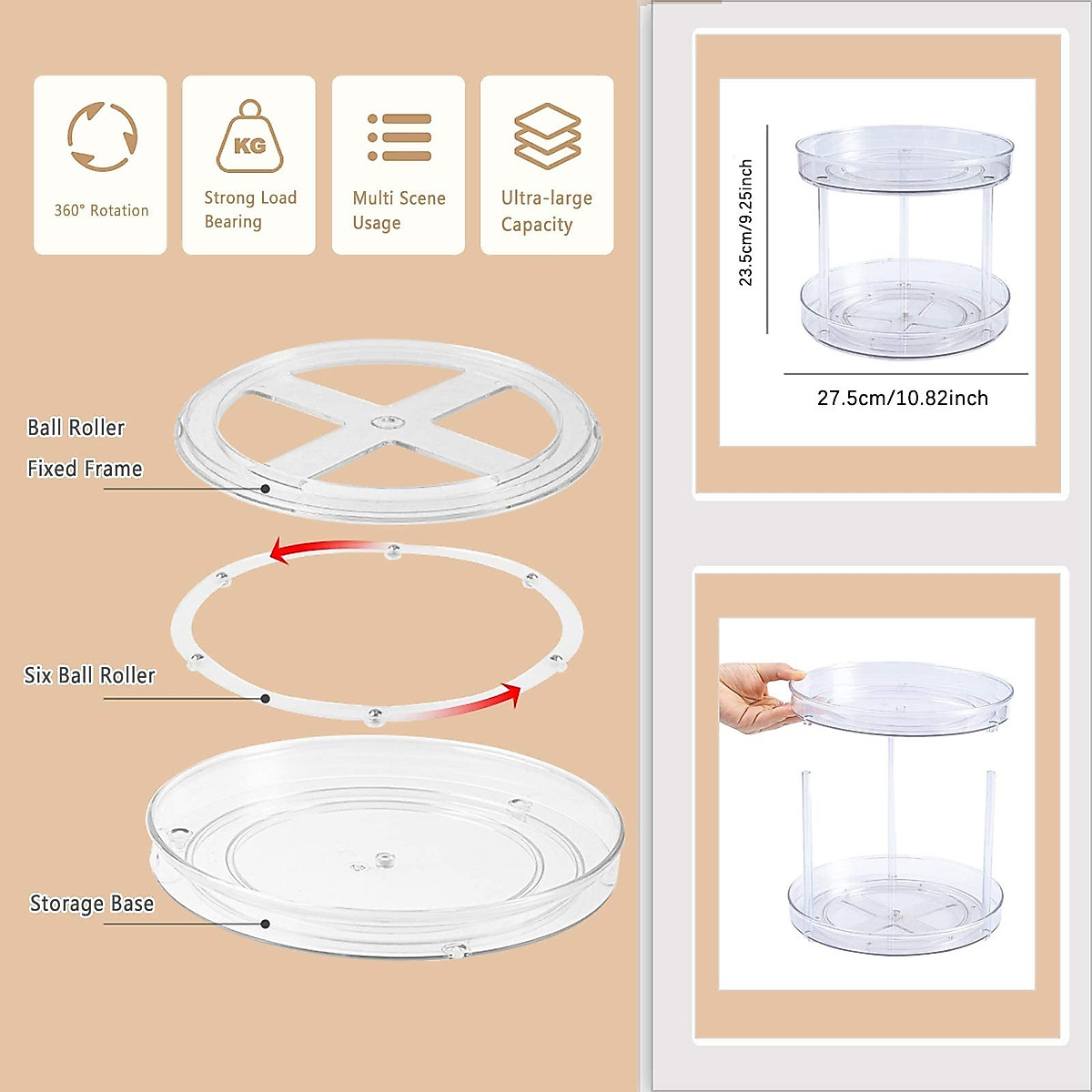 Roninkier Clear Plastic Lazy Susan - Turntable Organization Storage for Kitchen, Bathroom, Office, Bedroom, Living Room, 2-Pack 11-Inch and 1-Pack 11-Inch 2-Tier