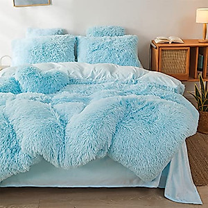 Fluffy Blue Comforter Cover Set Queen - Ultra Soft Plush Blue Bedding Sets 3 Pieces (1 Faux Fur Duvet Cover + 2 Faux Fur Pillow case) Blue Bed Set Queen (Blue, Queen)