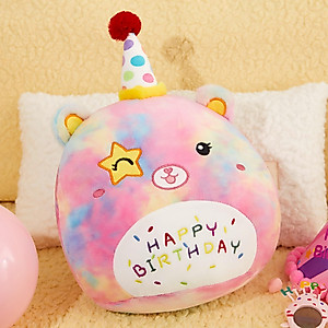 Athoinsu 16" Happy Birthday Bear Plush Pillow Cute Rainbow Stuffed Animal Soft Kawaii Birthday Plushie Star Wink Funny Pillows Home Room Decoration Gifts for Toddlers Kids Girls
