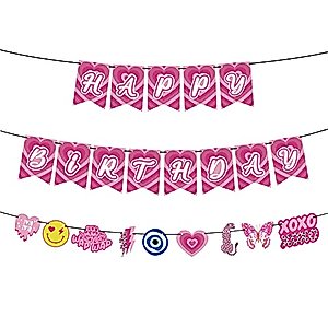 NOVBAUB Preppy Y2K Party Decorations Garland Banner 2 Style Aesthetic Hot Pink Leopard Smile Face Room Decor Party Decor Glitter Bunting Flag Home Decor Birthday Party Supplies for Kids Teens Girls Bachelorette Early 2000s Theme Party