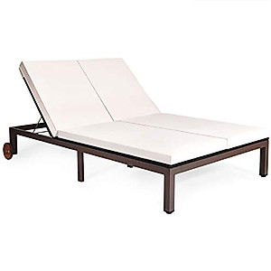 HPW 2 Person PE Rattan Outdoor Chaise Lounge Lounger Recliner Chair Sunbathing Bed Soft Non-Woven Thick Sponge Cushion 2 Separate 5 Adjustable Backrest Position Brown & Cream White 81x50x12.5~35 (in)