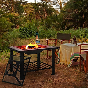 MoNiBloom 30" Square Fire Pit Table Outdoor Metal Protable Firepit with Charcoal Rack Mesh Cover Wood Burning Fireplace for Patio Backyard Picnic Garden, Black