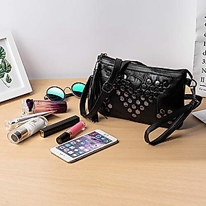 LaRechor Small Crossbody Purse for Women Rivets Clutch Handbag with Tassel Zip & Wrist Strap Bag