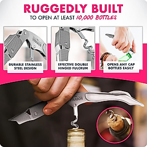 VINABON Waiters Corkscrew Wine Opener - Professional Quality 3-in-1 Stainless Steel Wine Key with Beer Opener for Servers and Bartenders - Manual Simple Wine Bottle Opener. Includes WineGuide Ebook
