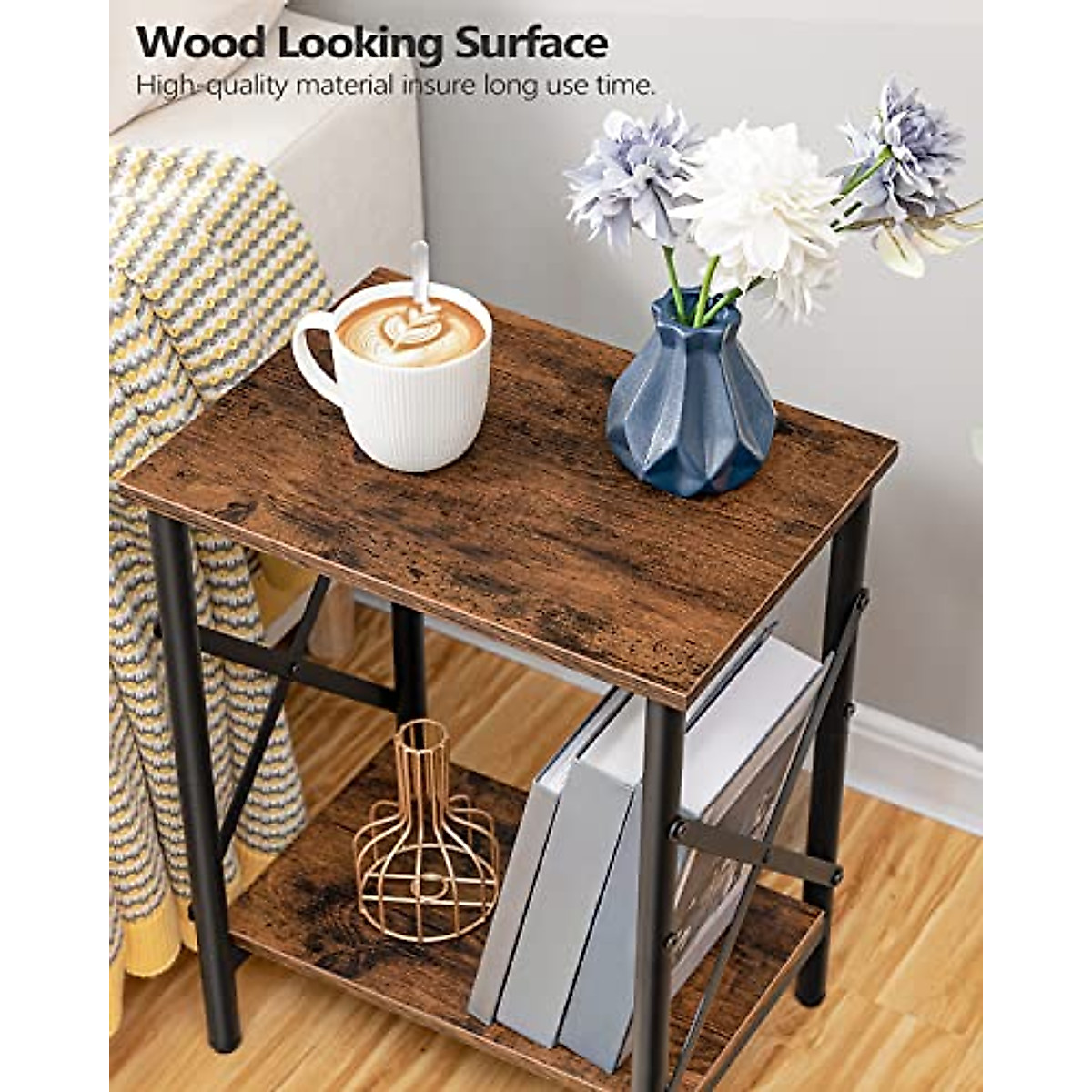 ALLOSWELL Small Side Table, End Table with Storage Shelf, 14.6 x 10.6 x 19.9 Inches, Nightstand X-Shaped Design, Bedside Table, Steel Frame, Living Room, Bedroom, Easy Assembly, Rustic Brown ETHR2801