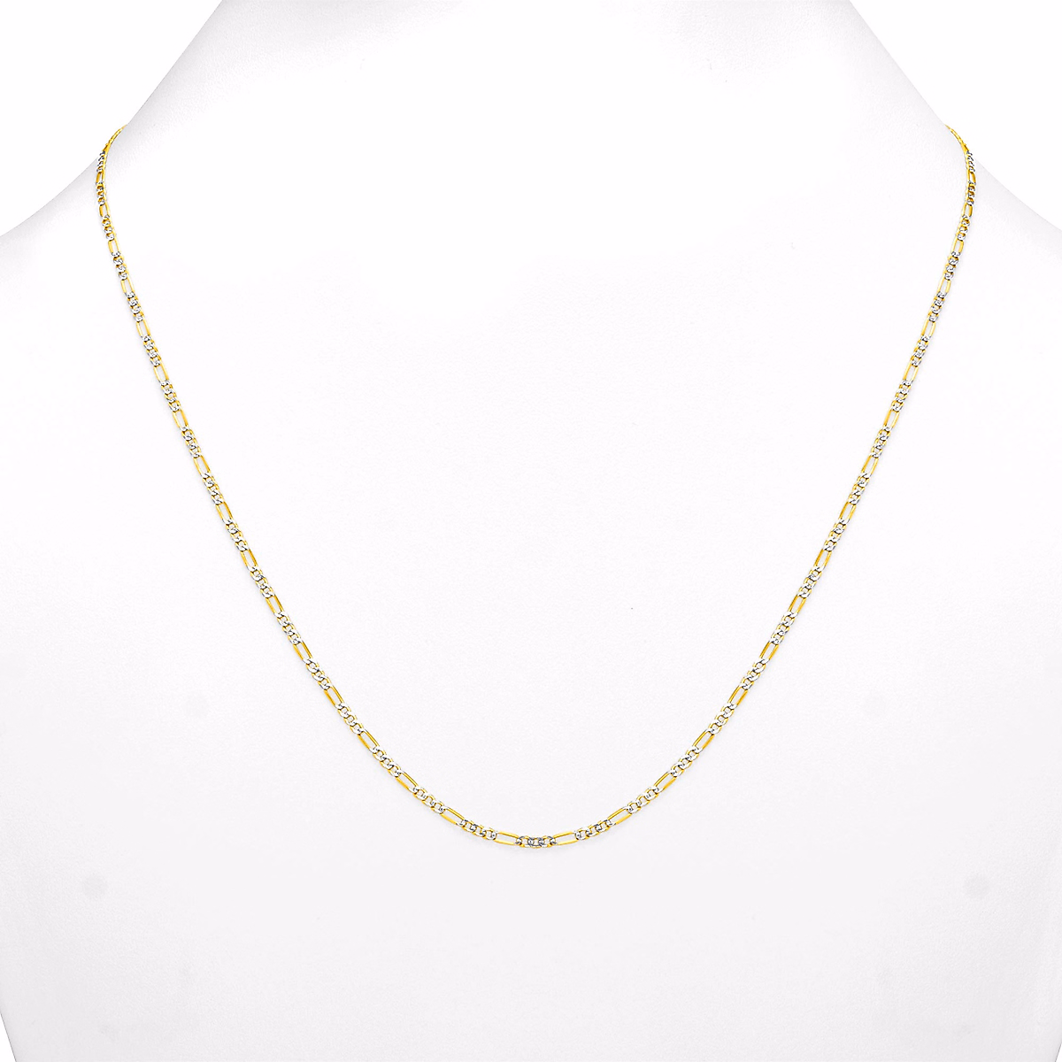 Nuragold 10k Yellow Gold 2mm Figaro Chain Link Diamond Cut Pave Two Tone Pendant Necklace, Womens Mens Jewelry 16" 18" 20" 22" 24"
