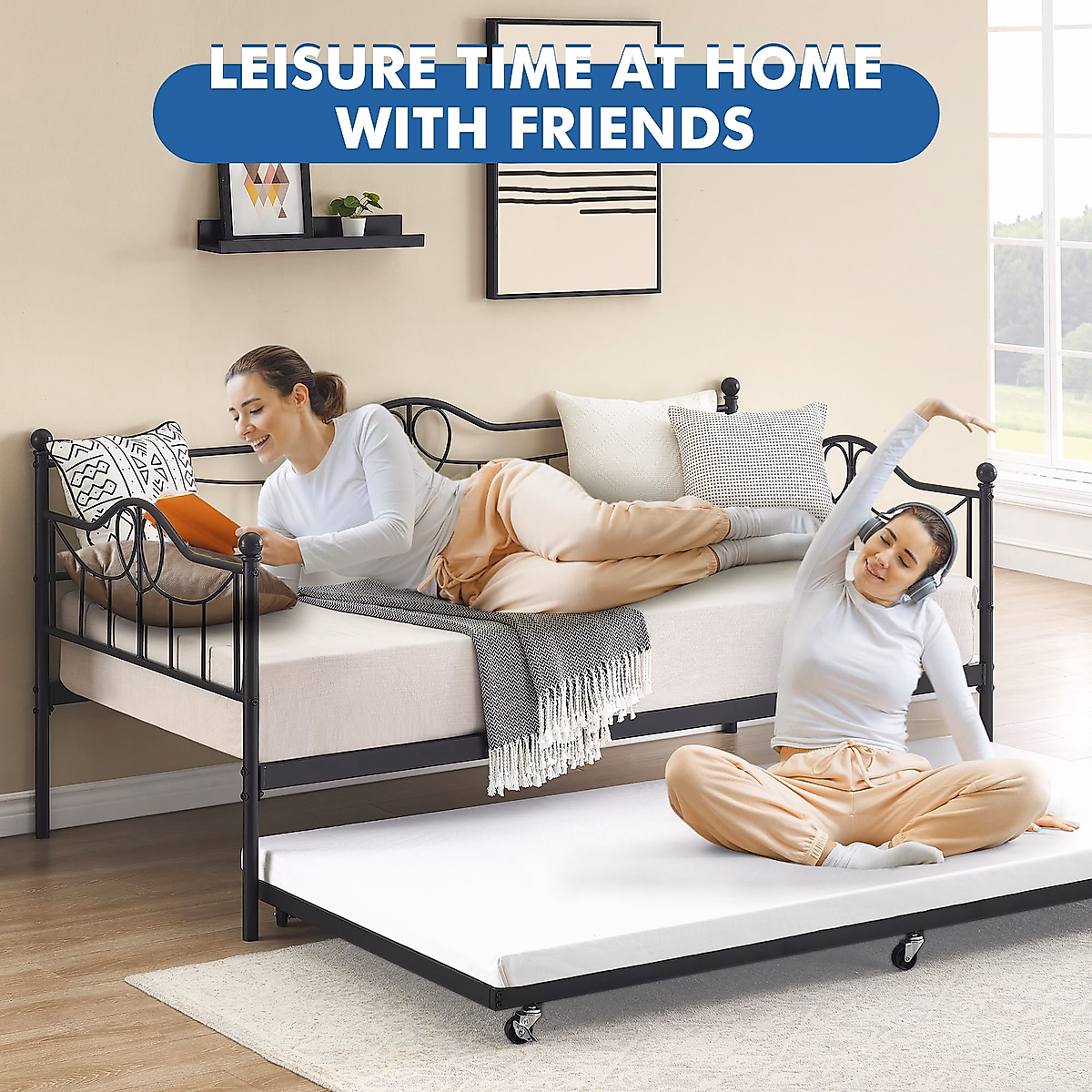 IDEALHOUSE Twin Bed with Trundle, Twin Daybed Metal Guest Sofa Bed Frame for Living Room, Bedroom, Heavy Duty, No Box Spring Needed, Space Saving, Black