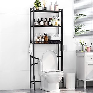 Kalrin Over-The-Toilet Storage Rack, 3-Tier Bathroom Organizer Shelf Over Toilet with Shelf and Basket, Freestanding Space Saver Bathroom Shelves Above Toilet for Room (Black)