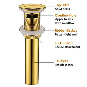 Bathroom Sink Drain Gold, Angle Simple Brass Pop Up Drain, Vanity Sink Stopper Drain Assembly, with Overflow
