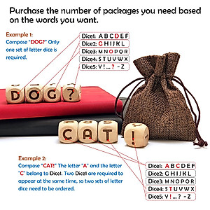 20MM Creative Wooden Letter Dice Set, 5 Pieces Laser Engraved A-Z Pattern Cube Rolling Dices for Party Game