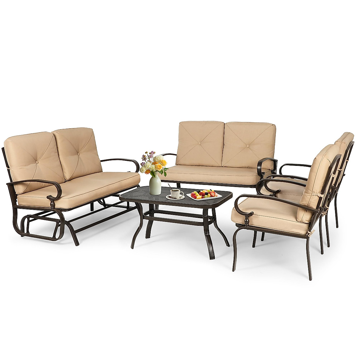 Incbruce 5 Pcs(6 Seats) Outdoor Metal Furniture Sets Wrought Iron Patio Conversation Sets, (Glider, 2 Single Chairs, Loveseat, and Coffee Table) with Cushion (Brown)
