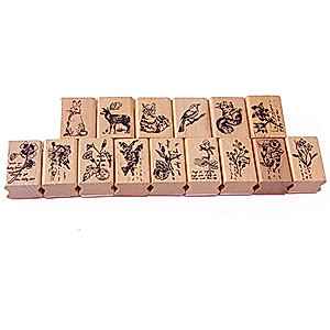 15pcs Wooden Rubber Stamps Animals and Plants Patterns Stamps Set for DIY Craft Card Scrapbooking Supplies