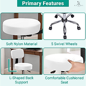 Naomi Home Mara Adjustable Stool with Wheels and Backrest, Office Rolling Stools with Wheels, PU Leather Drafting Stools,Swivel Stool with Back Rest, Small Rolling Chair, White