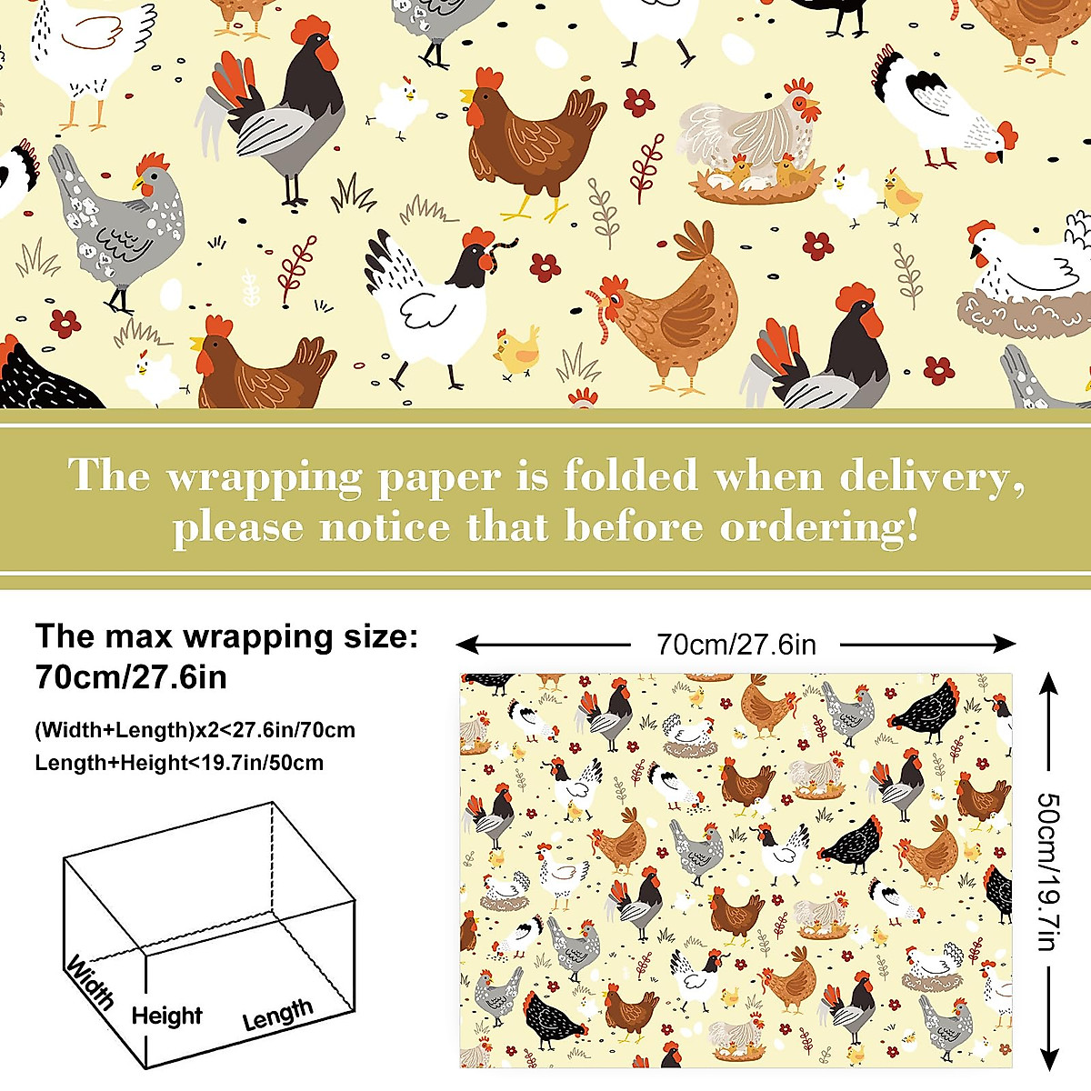 JarThenaAMCS 8 Sheet Farm Animal Wrapping Paper -Not Roll- Chicken Gift Wrap Paper Folded Flat Art Paper for DIY Crafts Baby Shower Birthday Party Supplies, 19.7 x 27.6 Inch