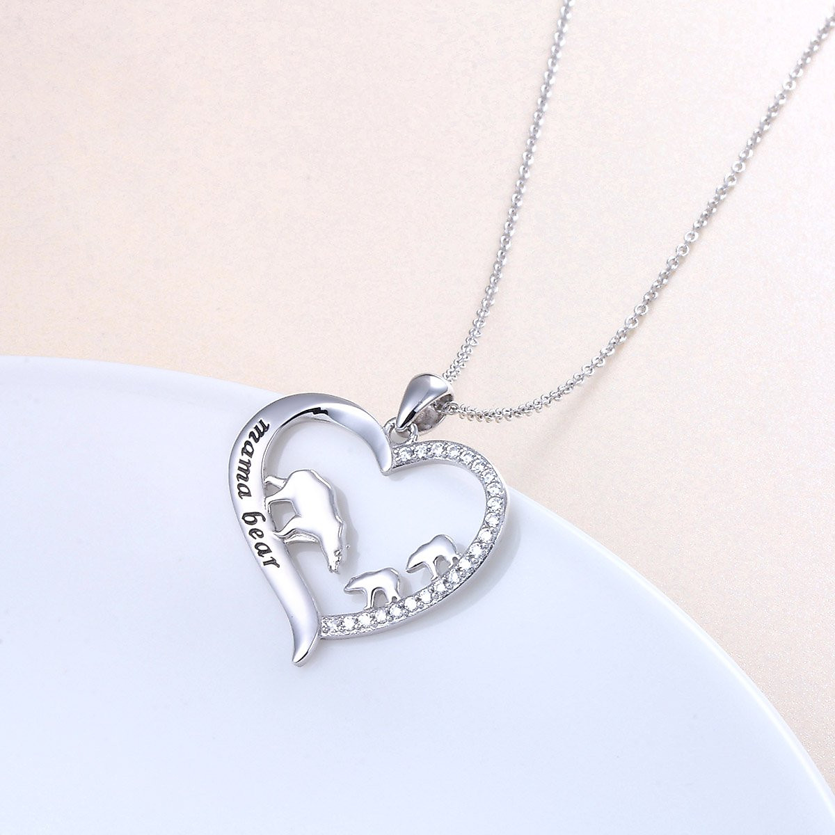 DAOCHONG Mother and Child S925 Sterling Silver Mama Bear with Cub Heart Pendant Necklace for Family (2 cubs)