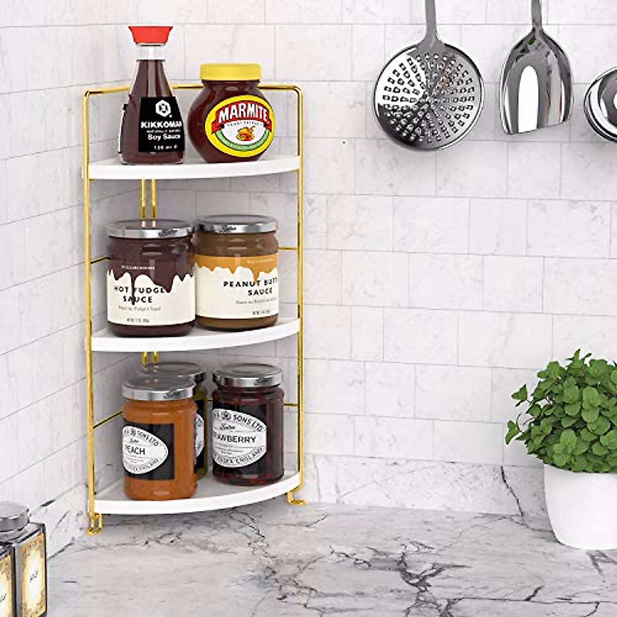 kaileyouxiangongsi Standing Shelf Units, 3-Tier Corner Storage Shelf, Bathroom Countertop Organizer, Vanity Tray Cosmetic Skincare Makeup Storage, Kitchen Spice Rack Standing Shelf, Golden