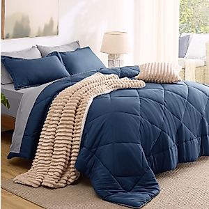 Bedsure Full Size Comforter Set - 7 Pieces Reversible Navy Bedding, Full Size Bed Set for All Seasons, Bed in a Bag with Down Alternative Comforter, Sheets, Pillowcases & Shams