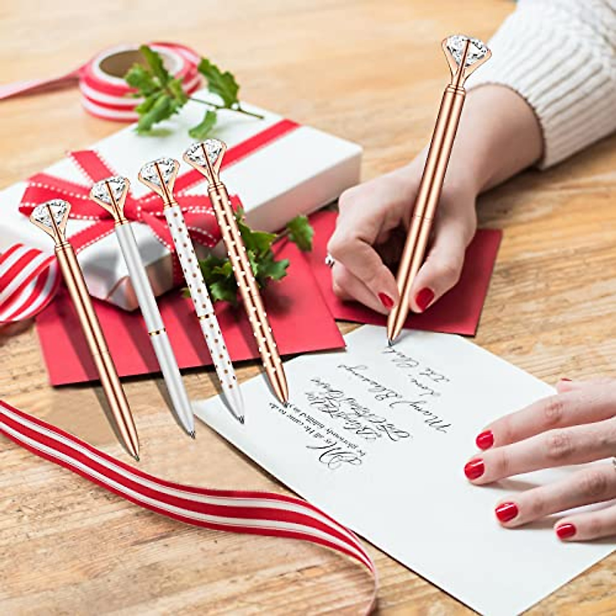 PASISIBICK 4 PCS Diamond Pens Bling Crystal Metal Ballpoint Pen Office Supplies, Rose Gold/Silver/White With Rose Polka Dots/Rose Gold With White Polka Dots, Includes 4 Pen Refills