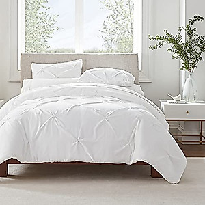 SERTA Simply Clean Ultra Soft 3 Piece Hypoallergenic Stain Resistant Pleated Duvet Cover Set, King, White
