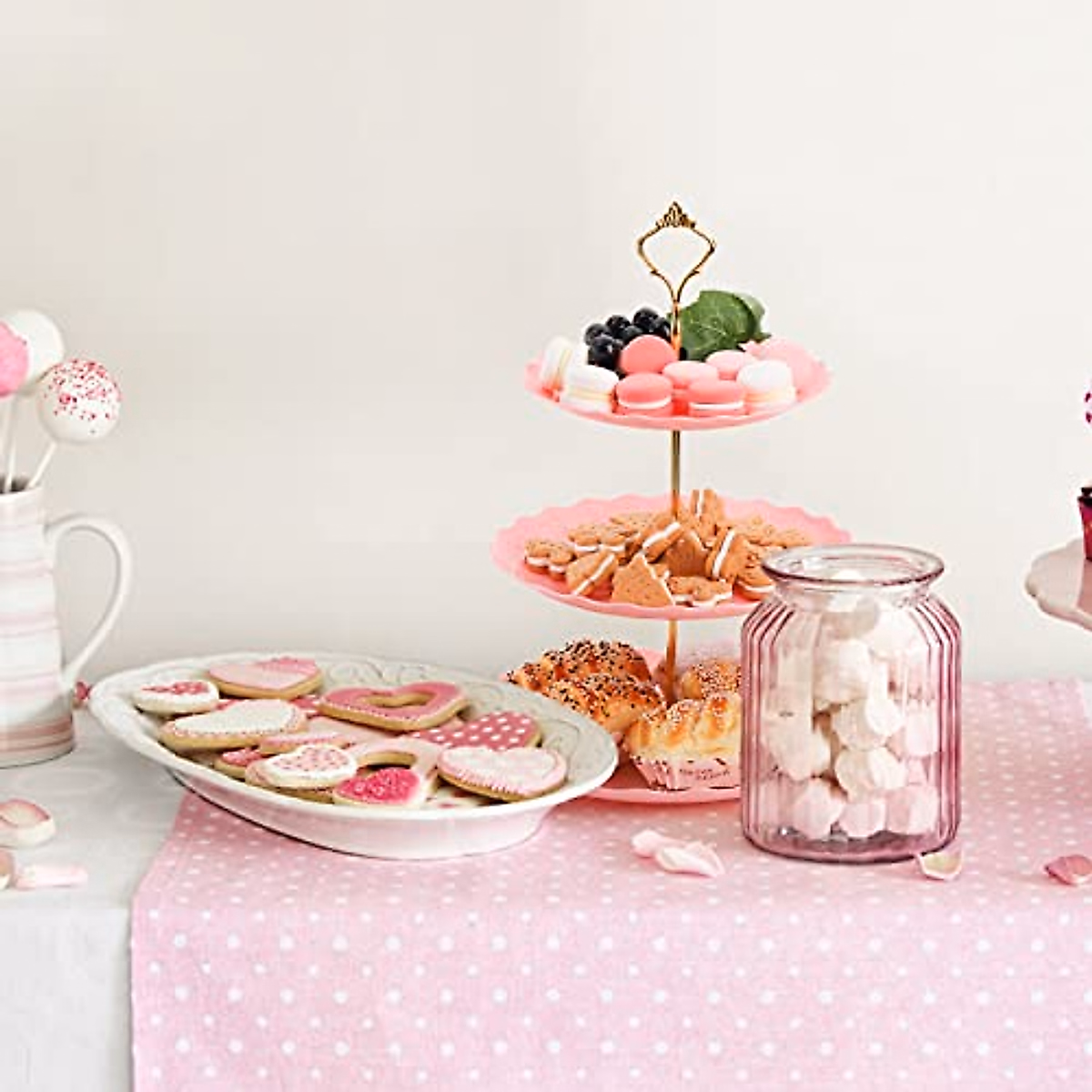 Tosnail 3 Pack 3 Tiers Pink Plastic Cupcake Stand Dessert Stand Tiered Serving Trays with 3 Styles Gold Rod, Party Serving Trays Fruit Pastry Holders for Wedding and Party - Heart and Flower Embossed