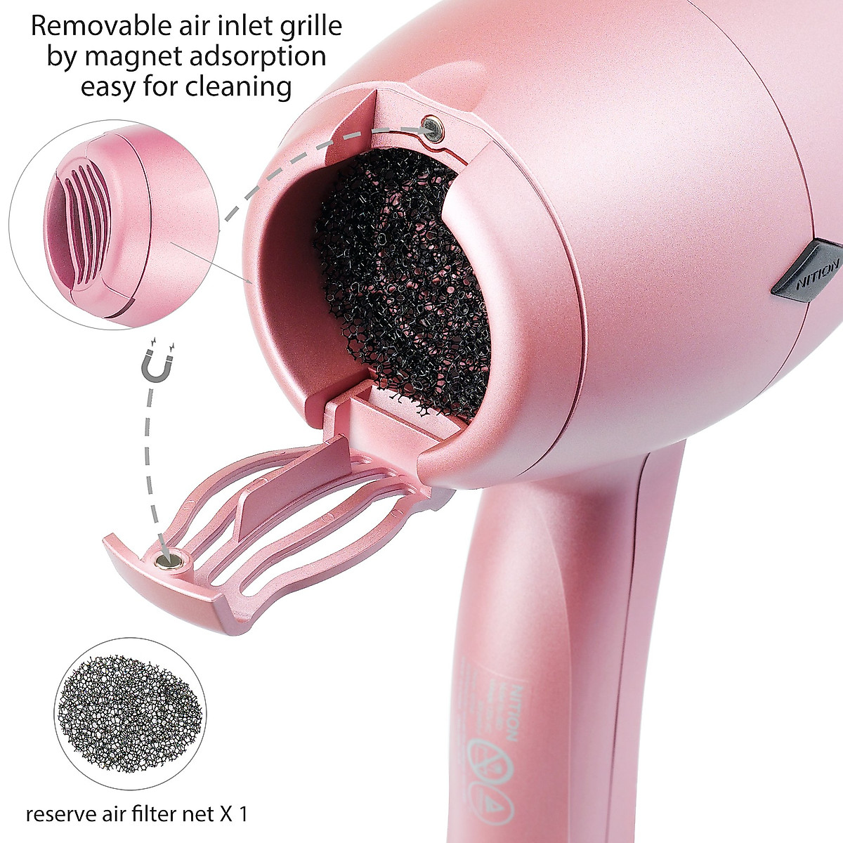 NITION Negative Ions Ceramic Hair Dryer with Diffuser (Large Size 5.3 inch) Attachment,Ionic Blow Dryer Quick Drying,1875 Watt 2 Speed / 3 Heat Settings,Cool Shot Button,Lightweight,Rose Pink