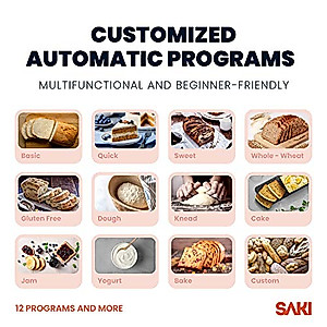 SAKI 3 LB Large Bread Maker Machine, 12-in-1 Programmable Large Bread Machine, with Nonstick Ceramic Bread Pan & Large Digital Touch Panel, 3 Loaf Sizes with 3 Crust Colors Options, Keep Warm Mode