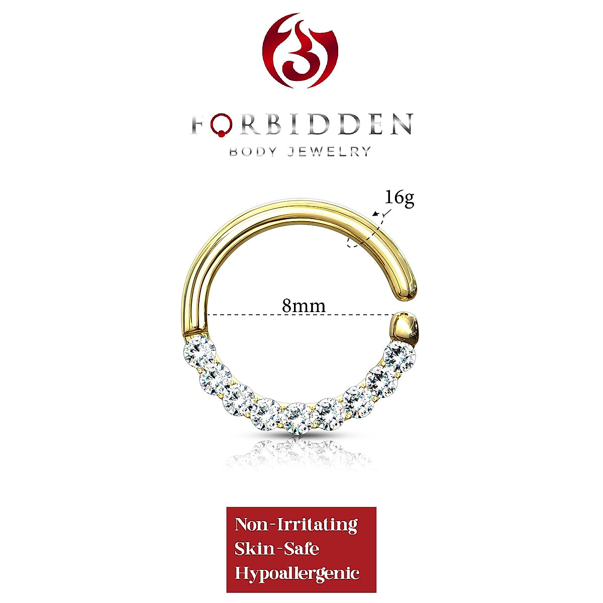 Forbidden Body Jewelry 16g CZ Lined Bendable Septum/Daith/Cartilage Hoop - 14k Gold Plated/Clear