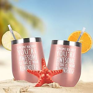 4 Pack Wine Tumbler, Thank You Idea-Sometimes You Forget You're Awesome, Appreciation Idea for Women Friend Mom Wife Coworker Sister, Insulated Stainless Steel Tumbler with Lid(12oz, Rose Gold)