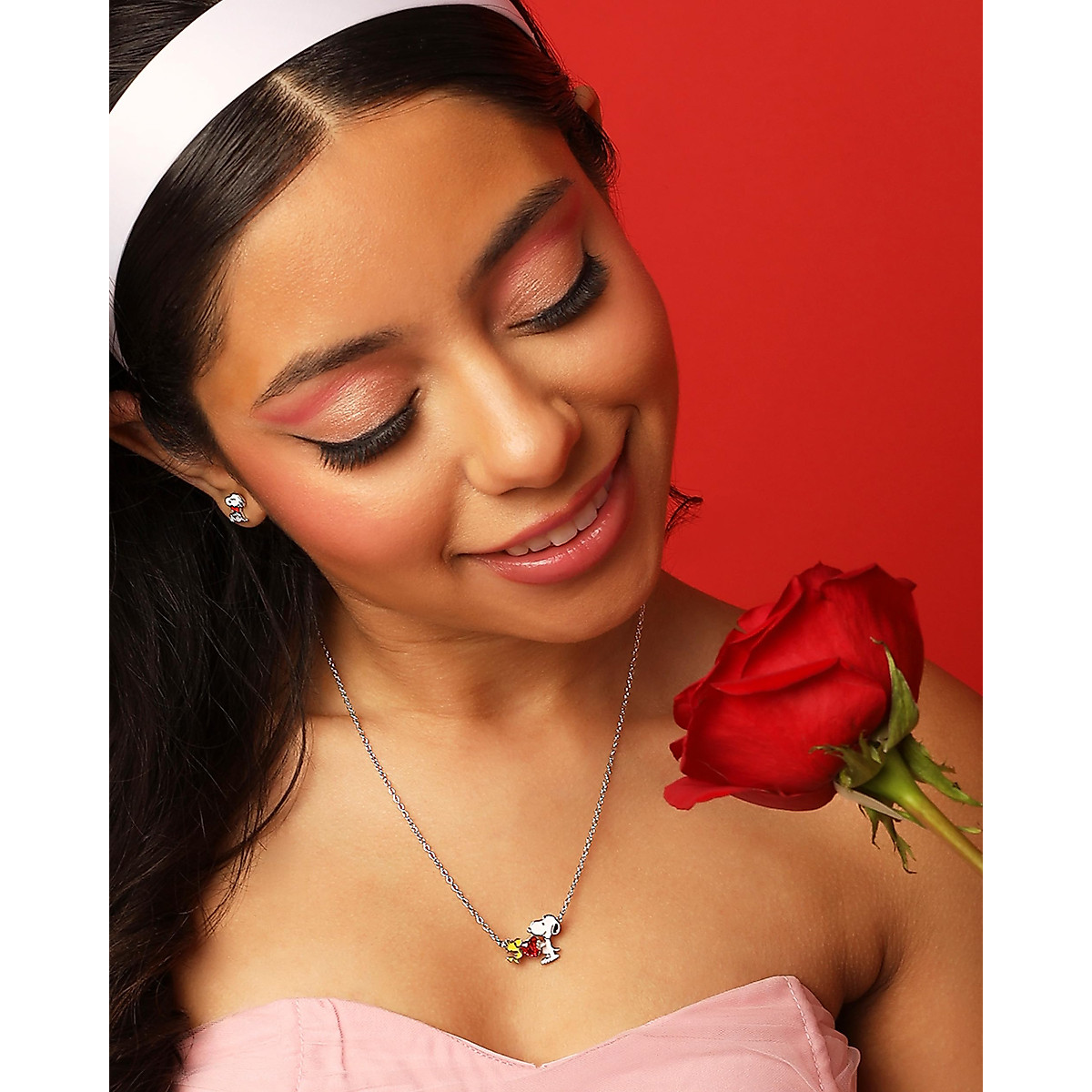 PEANUTS Womens Snoopy and Woodstock Red Crystal Heart Necklace 18" - Silver Plated Snoopy Necklace - Official License