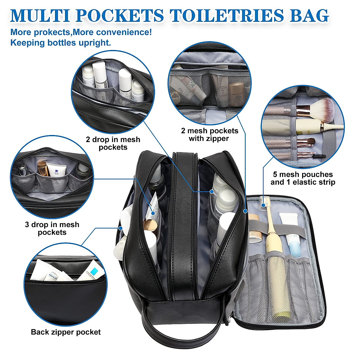 Multi Pockets Toiletry-Bag for Women Men Travel Essentials,Travel-Makeup-Bag Leather Hanging Travel Bag for Travel Size Toiletries,Travel-Accessories,Dorm Room Essentials,Cosmetic Makeup Organizer Bag