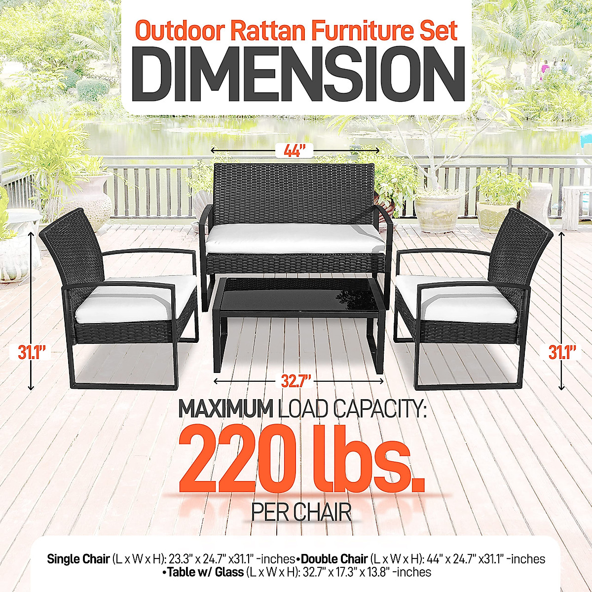 SereneLife Outdoor Living Rattan Furniture, Includes 1 Double & 2 Single Chairs with Cushion & 1 Glass-top Coffee Table 4 Piece Conversation/Chat Set, (Back), Off Black