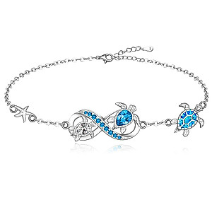 Fenthring Turtle Bracelet for Women Blue Opal Ocean Sea Turtle Bracelet Charms Sterling Silver 925 Crystal Summer Beach Hawaiian Infinity Friendship Tortoise Jewelry Gifts