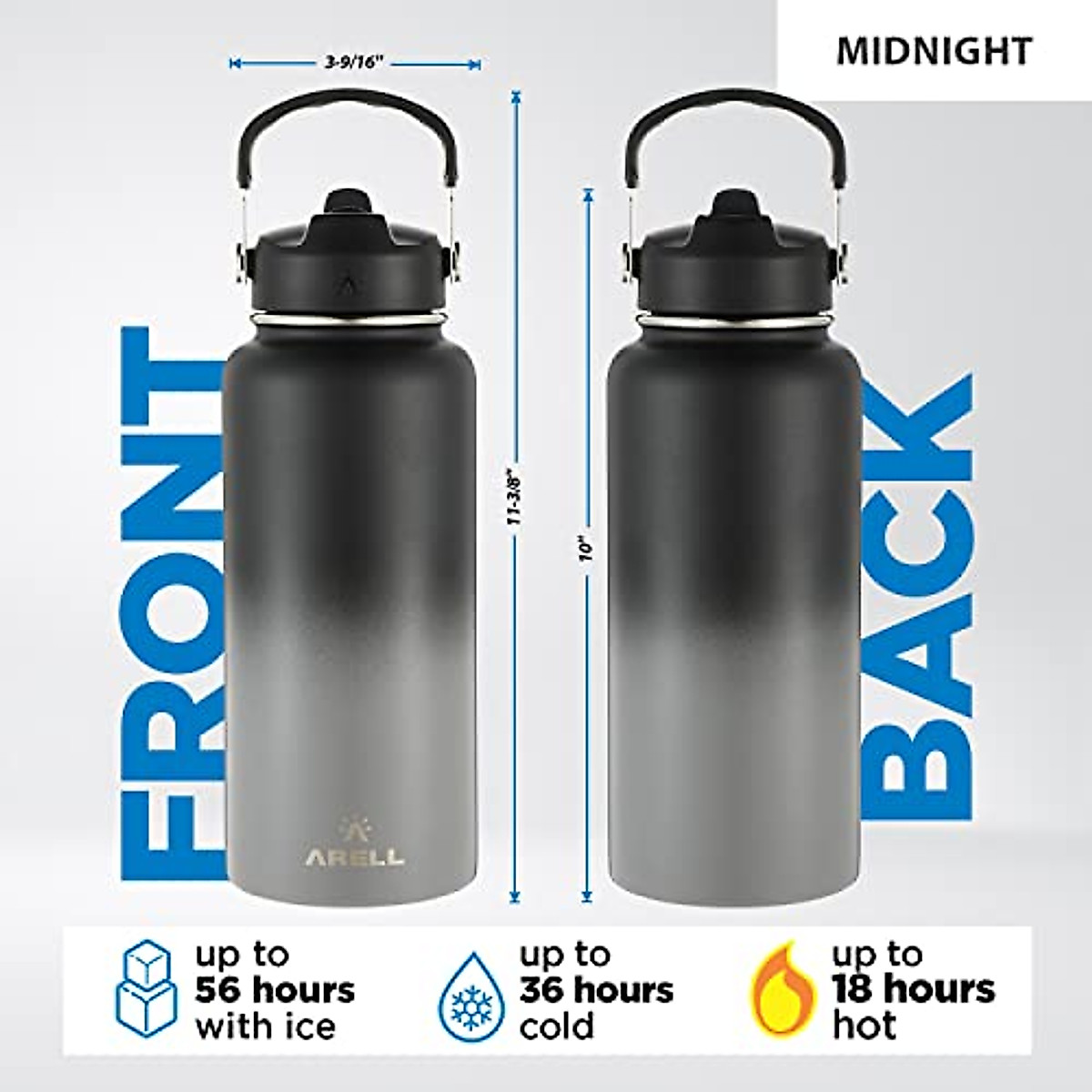 ARELL Wide Mouth Sports Water Bottle - Leakproof Vacuum Insulated for Hot & Cold Beverages - Double-Wall Metal Canteen with Sweatproof Straw Lid, Chug Cover, Fruit Infuser - 32oz Midnight