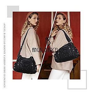 Angel Barcelo Roomy Fashion Hobo Womens Handbags Ladies Purses Satchel Shoulder Bags Tote Washed Leather Bag (Stylish Black)