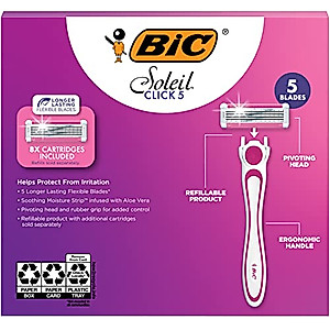 BIC Click 5 Soleil Women's Disposable Razors, 5 Blades With a Moisture Strip For a Smoother Shave, 2 Handles and 8 Cartridges, 10 Piece Razor Set