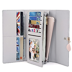 UTO RFID Wallet for Women PU Leather Leaf Pendant Card Holder Phone Checkbook Organizer Zipper Coin Purse Ace Large Grey