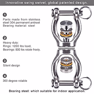 Dolibest SUS304 Silent Bearing Swing Swivel, Tire Swing Swivel with 2 Removeable Buckle for Web Tree Swing, Aerial Dance, Swing Yoga Swing Sets, 770LB Capacity