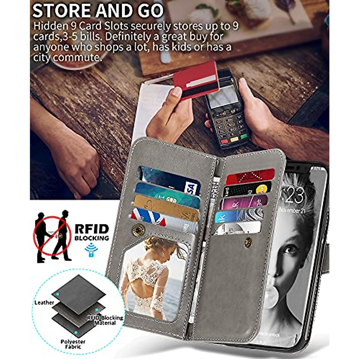 CASEOWL for iPhone 13 Pro Max Case Wallet for Women, Detachable Mandala Embossed Leather Wallet Phone Case with 9 Card Holder[RFID Blocking], Wristlet (Gray)