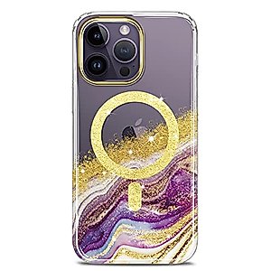 JIAXIUFEN Magnetic Designed for iPhone 14 Pro Max Case Clear, Compatible with MagSafe, Sparkle Glitter Slim Thin Shockproof Protective Transparent Phone Case, Marble Gold