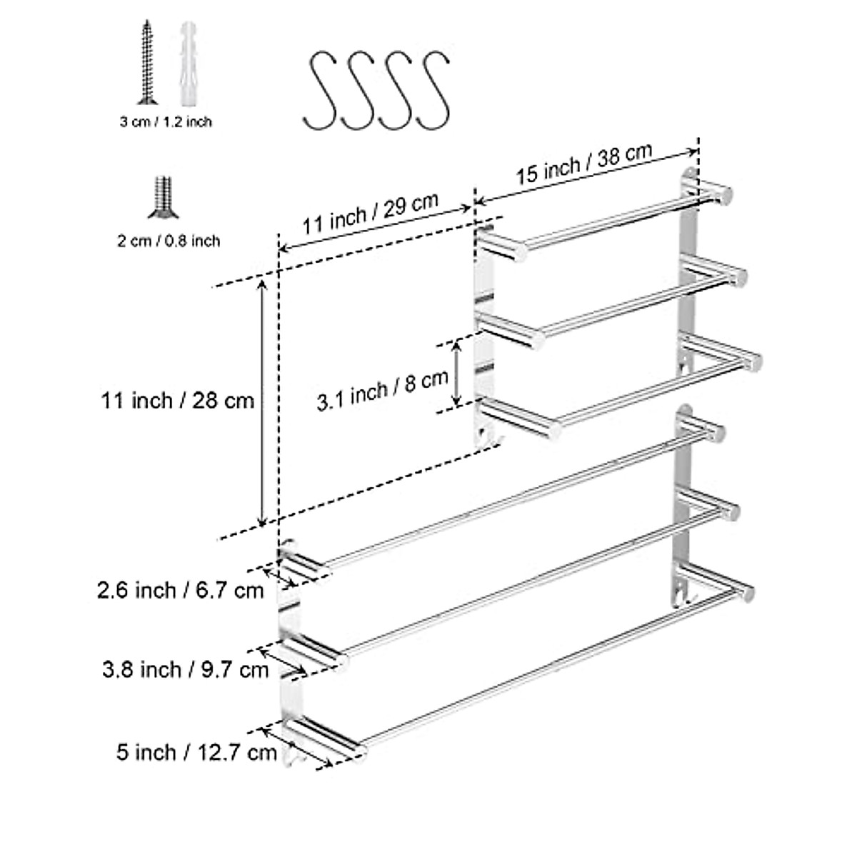 3-Tier Adjustable Ladder Bath Towel Bar 16 to 27.6 Inch, ZUEXT Polish Chrome Stainless Steel Towel Holder Hanger,Wall Mounted Stair Towel Rod for Bathroom Kitchen, Strechable Towel Rail Racks w/Hooks