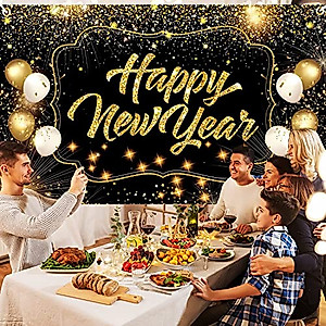 Extra Large Happy New Year Decorations Backdrop, 72x44 Inch New Years Eve Party Supplies Banner, 2023 New Year Photo Props Background Supplies Black Gold Sign Poster
